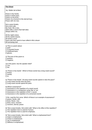Unseen Poetry "The Ghost" Walter de la Mare Quiz Pre-reading Guided ...