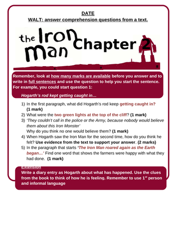 The Iron Man - Chapter 1 & 2 - Comprehension and Vocabulary | Teaching ...