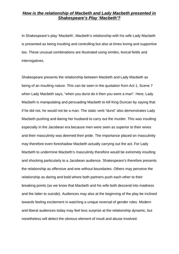 Macbeth Exemplar Answer: Relationship of Macbeth and Lady Macbeth ...