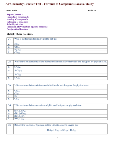Chemical Formula writing and Equations balancing Practice Test with Ans ...