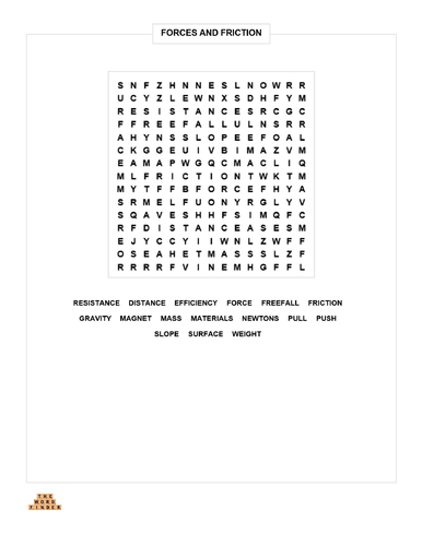 Forces and friction wordsearch | Teaching Resources