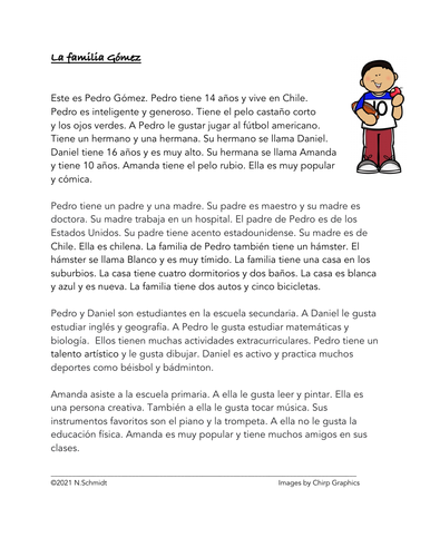 Spanish English Cognates Reading: Lectura con Cognados: La Familia ...