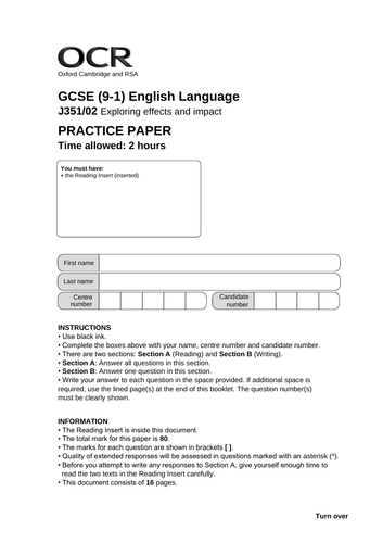 OCR GCSE English Language Practice Paper | Teaching Resources