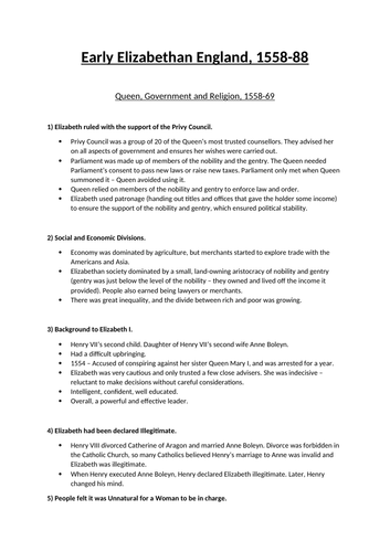 GCSE History ‘Early Elizabethan England’ Revision Guide | Teaching ...