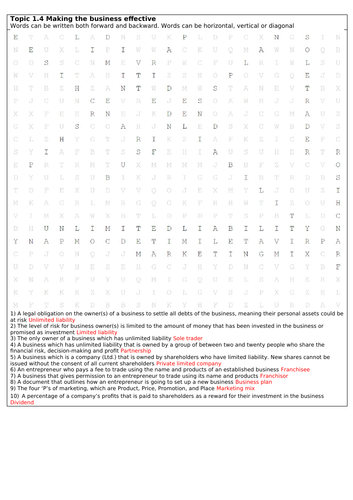 Edexcel GCSE Business topic 1.4 wordsearch | Teaching Resources