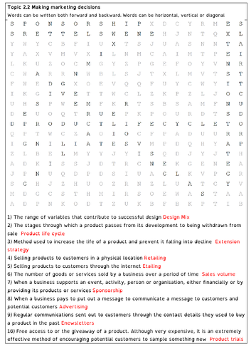Edexcel GCSE Business topic 2.2 wordsearch | Teaching Resources