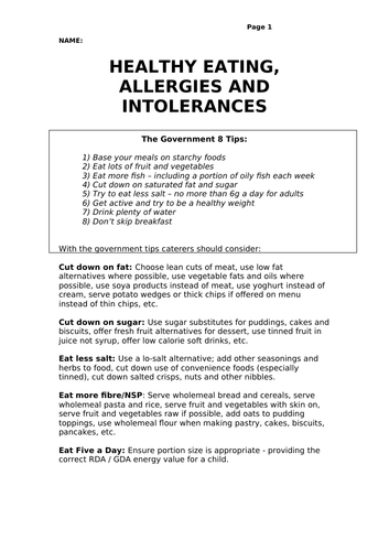 Healthy Eating, Allergies and Intolerances | Teaching Resources