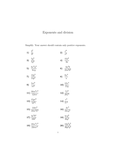Exponents and division worksheet (with answers) | Teaching Resources