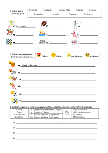 sports + likes/dislikes graded worksheet | Teaching Resources