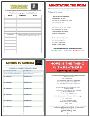 Hope is the thing with feathers - Comprehension Activities Booklet ...
