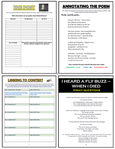 I heard a fly buzz - when I died - Comprehension Activities Booklet ...