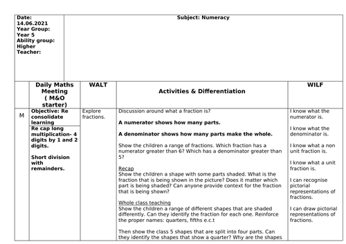 Year 5 week 1 fraction weekly plan | Teaching Resources