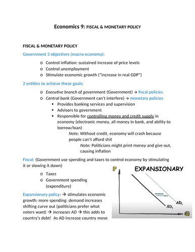 Economics 9: FISCAL & MONETARY POLICY | Teaching Resources