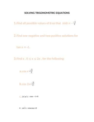 SOLVING TRIGONOMETRIC EQUATIONS | Teaching Resources
