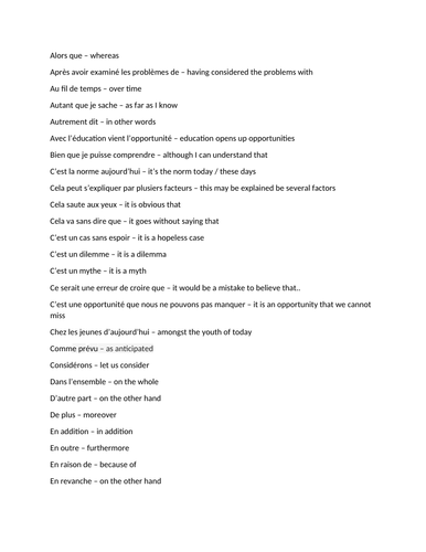 Advanced Level French Essay sentence openers , phrases of opinion etc ...