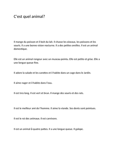 Décrire un animal year 7 French Classroom activity adjectives ...