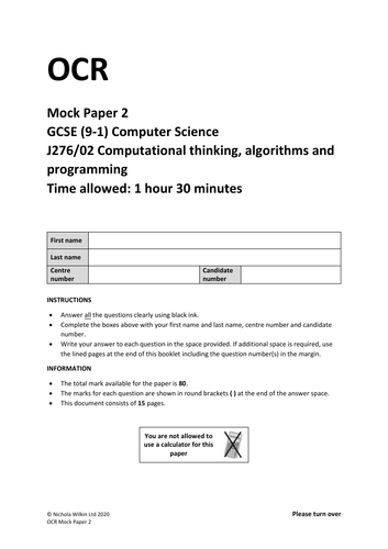 Mock Exam Paper 2 OCR GCSE Computer Science (J276/2) | Teaching Resources Mock Exam Paper 2 OCR GCSE Computer Science (J276/2) | Teaching Resources