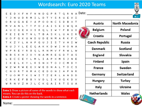 Football Euro 2020 Soccer Wordsearch Puzzle Sheet Activity Keywords PE ...