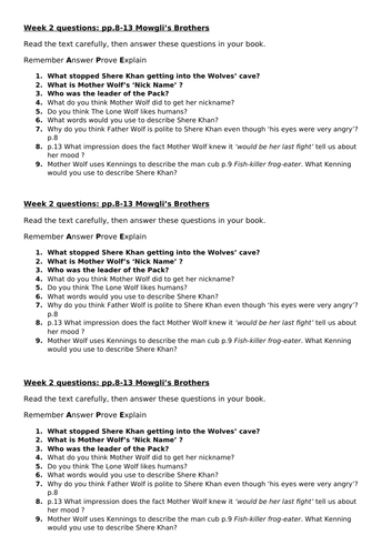 Guided reading questions for The Jungle Book - Ruyard Kipling ...
