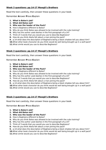 Guided reading questions for The Jungle Book - Ruyard Kipling ...