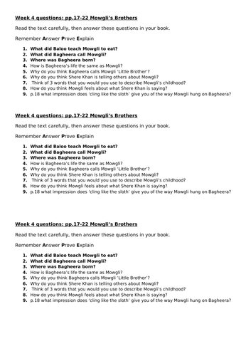 Guided reading questions for The Jungle Book - Ruyard Kipling ...