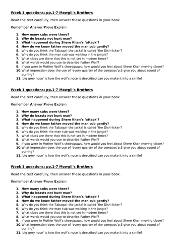 Guided reading questions for The Jungle Book - Ruyard Kipling ...