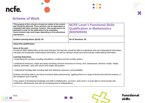 NCFE Functional Skills Maths Level 1 Scheme of Work 603/5055/6 ...