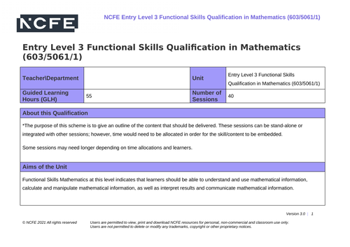 NCFE Functional Skills Maths Entry Level 3 Scheme of Work 603/5061/1 ...