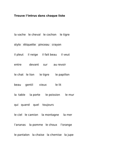 year 7 French trouve l'intrus dans chaque liste worksheet lesson plan ...