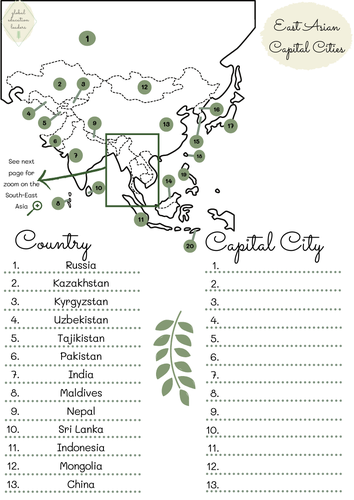 Asia country and capital cities worksheets with differentiated ...