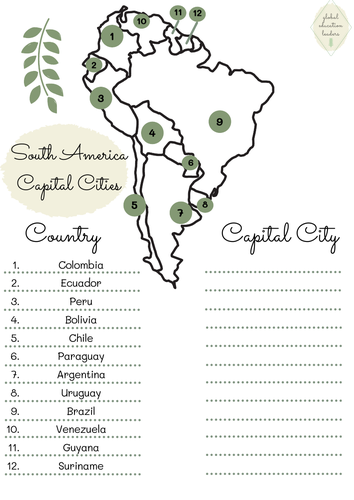 South America country and capital cities worksheets with differentiated ...