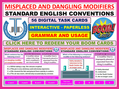 MISPLACED MODIFIERS AND DANGLING MODIFIERS: 56 BOOM CARDS | Teaching ...