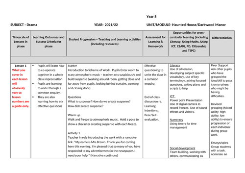 SOW Darkwood Manor Drama KS3 | Teaching Resources