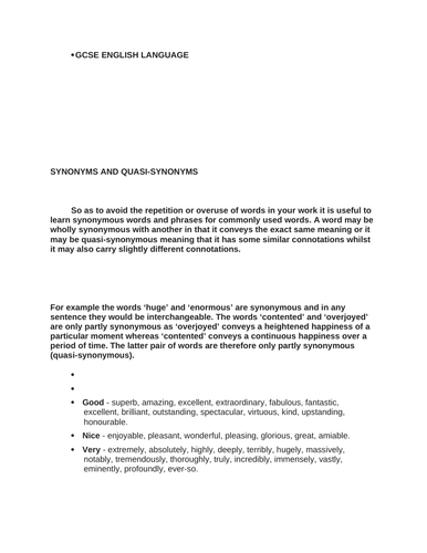 English Language GCSE revision sheet on the use of synonyms and quasi ...