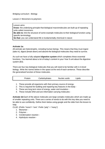 Biology Bridging curriculum | Teaching Resources