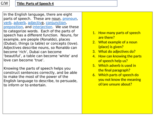 Parts of Speech Level 4 | Teaching Resources