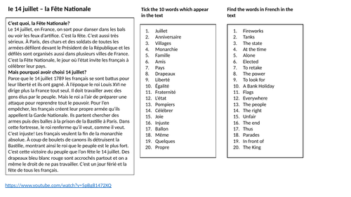 La Fête Nationale Reading Comprehension (with answers) | Teaching Resources