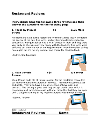 Restaurant Reviews English Reading + Writing Assignment (ESL/EFL/ELL ...