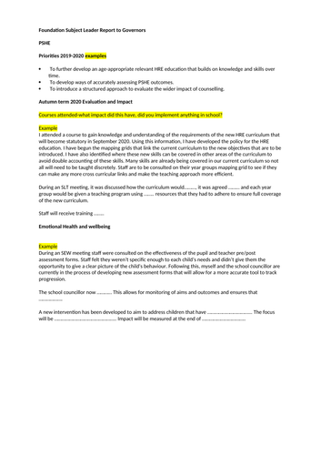 PSHE governors report example/template | Teaching Resources