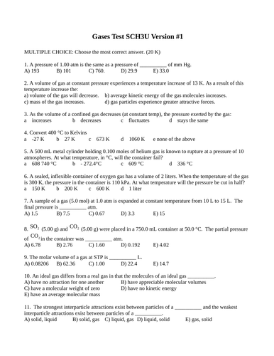 Gases Test Package Grade 11 Chemistry Version #1 | Teaching Resources
