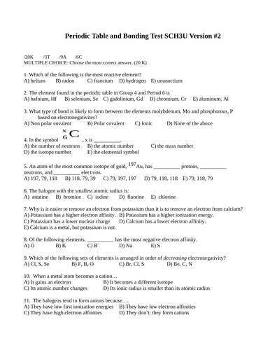 Periodic Table BONDING TEST PACKAGE Grade 11 Chemistry (31 ASSESSMENTS ...