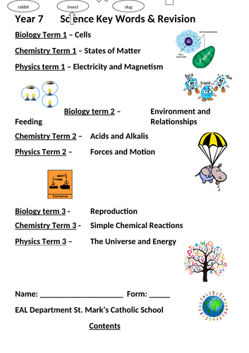 Y7 Key Vocabulary Booklet EAL adapted key words for Biology, Chemistry ...