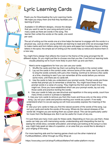 Lyric Learning Cards, 50+ different designs, learn your song words more ...