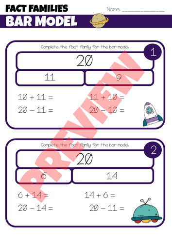 Bar Model Fact Families Task Cards - Grade 1 - Space Themed | Teaching ...