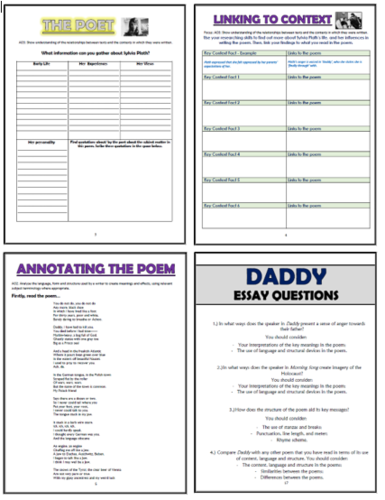 Daddy - Sylvia Plath - Comprehension Activities Booklet! | Teaching ...