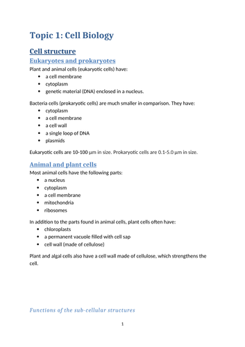 AQA GCSE 9-1 Biology Notes: Cell Biology | Teaching Resources