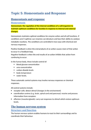 AQA GCSE 9-1 Biology Notes: Homeostasis and Response | Teaching Resources