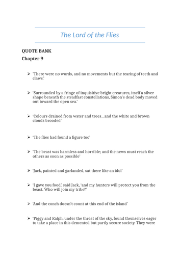 The Lord of the Flies- QUOTE BANK Chapter 9 | Teaching Resources