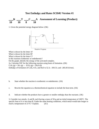 Enthalpy and Rates Test Package Grade 12 Chemistry Version #1 ...