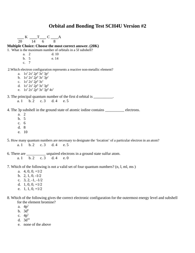 Orbital and Bonding Test Package Grade 12 Chemistry Version #2 ...